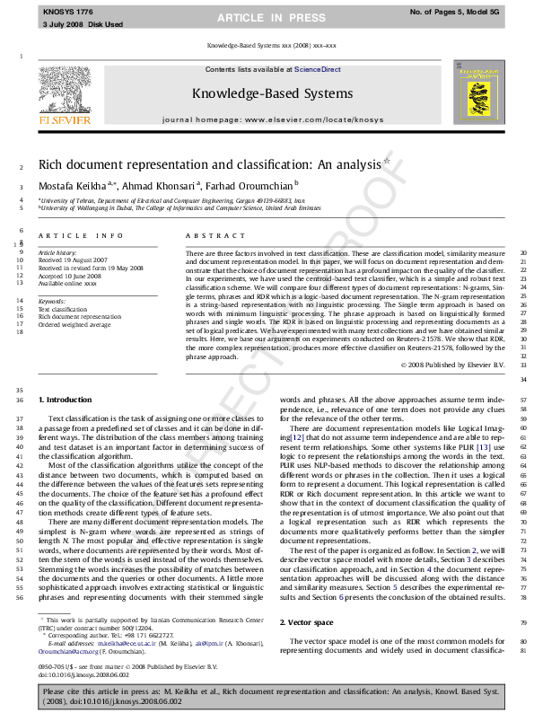 (PDF) Rich document representation and classification: An analysis