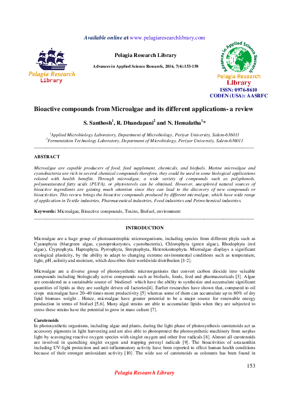 Pdf Bioactive Compounds From Microalgae And Its Different Applications A Review