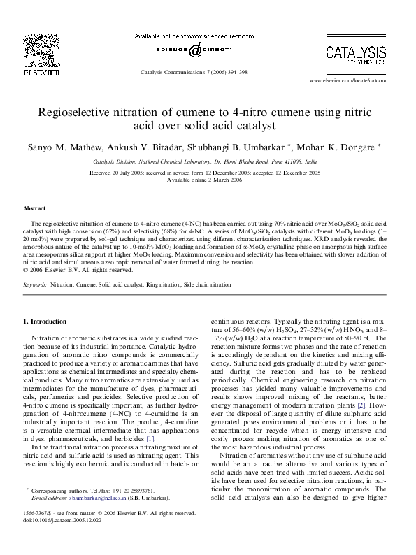 (PDF) Regioselective nitration of cumene to 4-nitro cumene using nitric ...