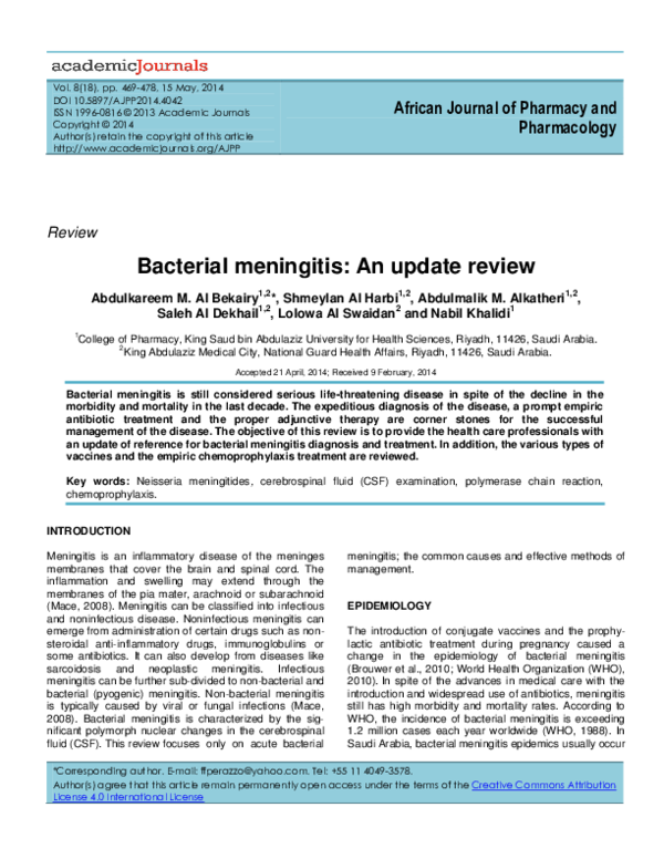 (PDF) African Journal of Pharmacy and Pharmacology Bacterial meningitis ...