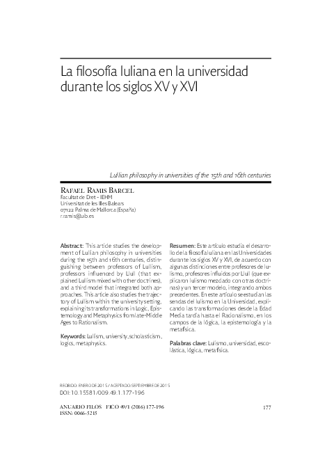 (PDF) La filosofía luliana en la Universidad durante los siglos XV y XVI