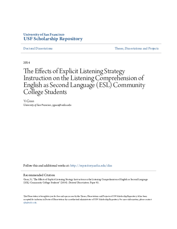 Pdf Usf Scholarship Repository The Effects Of Explicit Listening Strategy Instruction On The