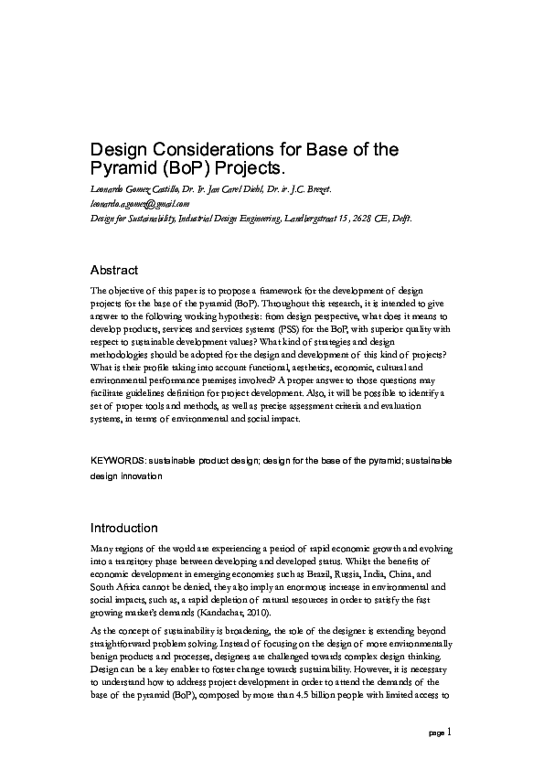 (PDF) Design Considerations for Base of the Pyramid (BoP) Projects