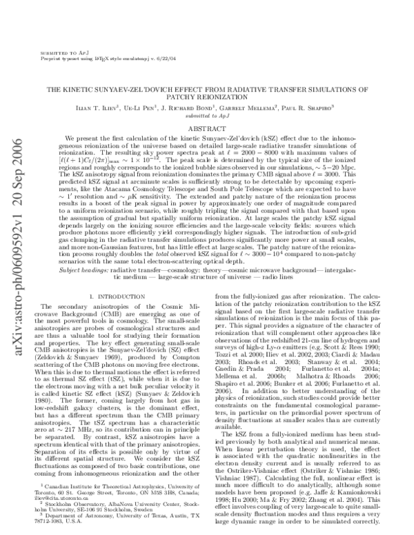 (PDF) The Kinetic Sunyaev‐Zel’dovich Effect from Radiative Transfer Simulations of Patchy ...