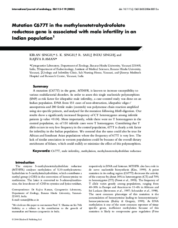 (PDF) Mutation C677T in the methylenetetrahydrofolate reductase gene is ...