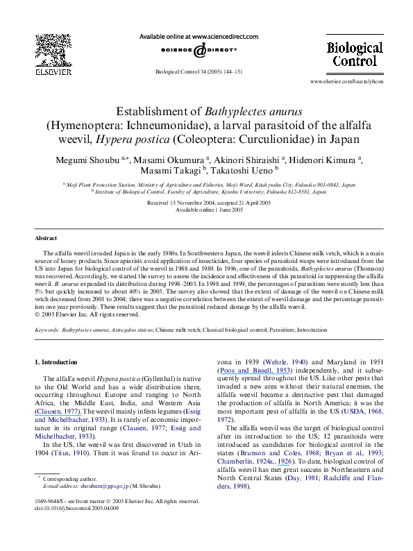 (PDF) Establishment of Bathyplectes anurus (Hymenoptera: Ichneumonidae ...