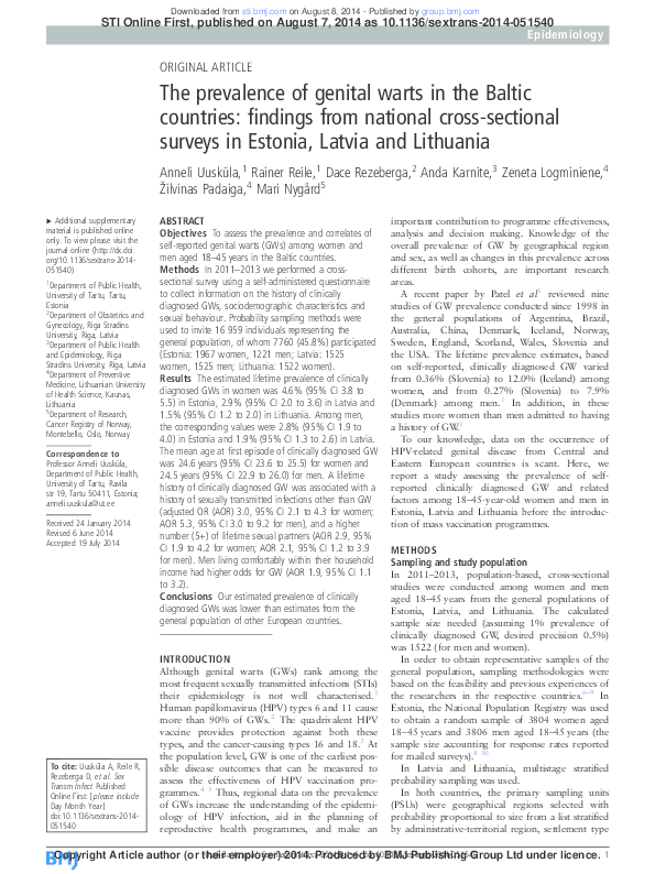 Pdf Estimating Prevalence Of Genital Warts In Turkey Survey Among
