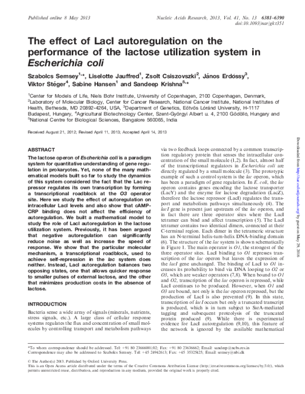 Pdf The Effect Of Laci Autoregulation On The Performance Of The Lactose Utilization System In