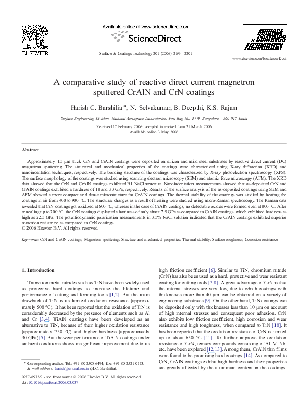 (PDF) A comparative study of reactive direct current magnetron sputtered CrAlN and CrN coatings