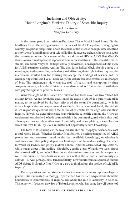 (PDF) Inclusion and Objectivity: Helen Longino's Feminist Theory of ...