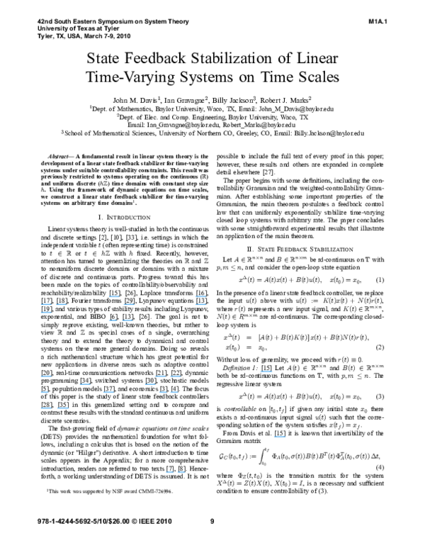 (PDF) State feedback stabilization of linear time-varying systems on ...