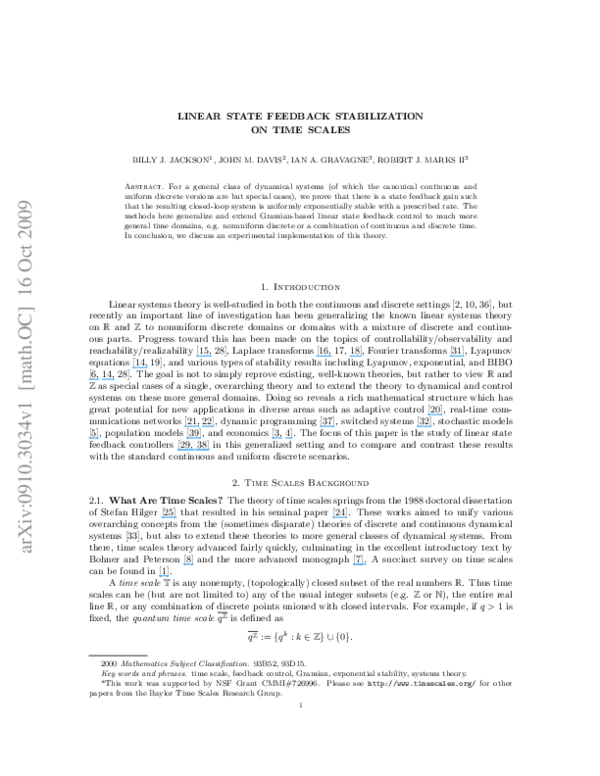 (PDF) Linear state feedback stabilisation on time scales