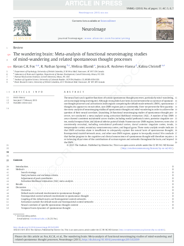(PDF) The wandering brain: Meta-analysis of functional neuroimaging studies of mind-wandering ...