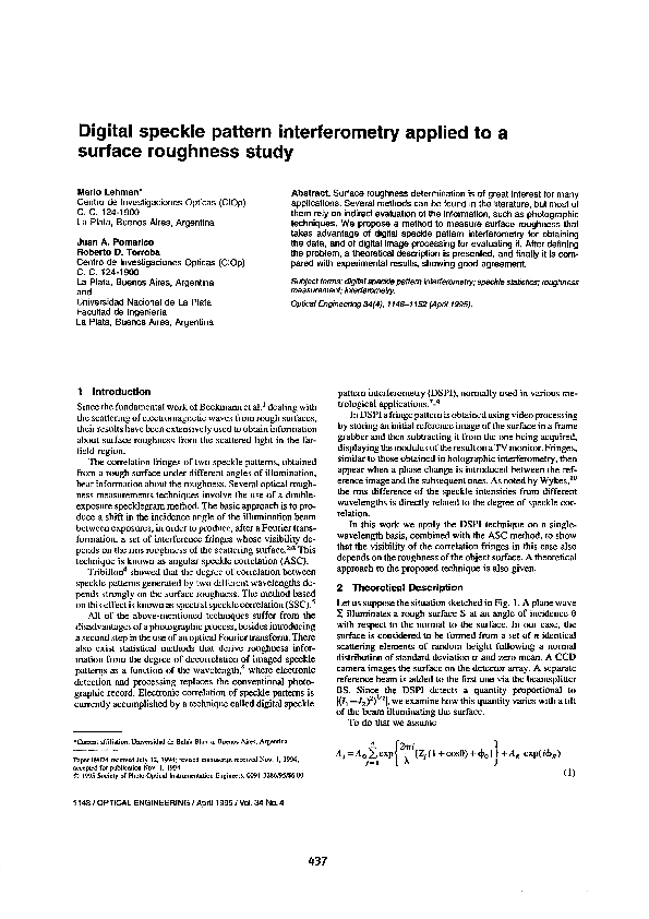 (PDF) Digital speckle pattern interferometry applied to a surface roughness study