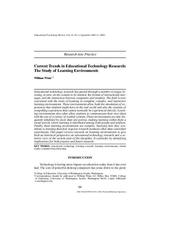 (PDF) Current Trends in Educational Technology Research: The Study of Learning Environments