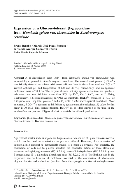 (PDF) Expression of a Glucose-tolerant β-glucosidase from Humicola ...