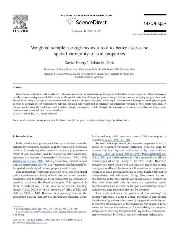 (PDF) Weighted sample variograms as a tool to better assess the spatial variability of soil ...