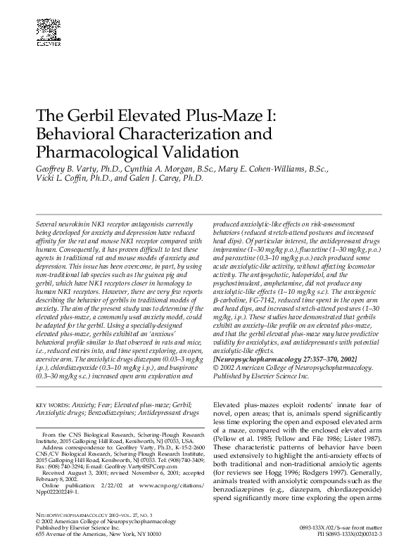 (PDF) The Gerbil Elevated Plus-Maze I Behavioral Characterization and Pharmacological Validation