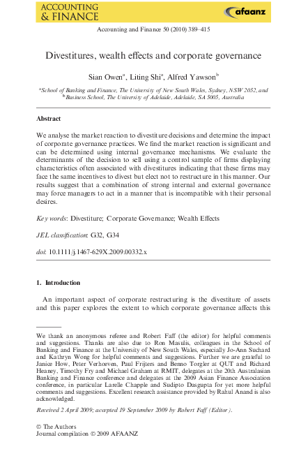 (PDF) Divestitures, wealth effects and corporate governance