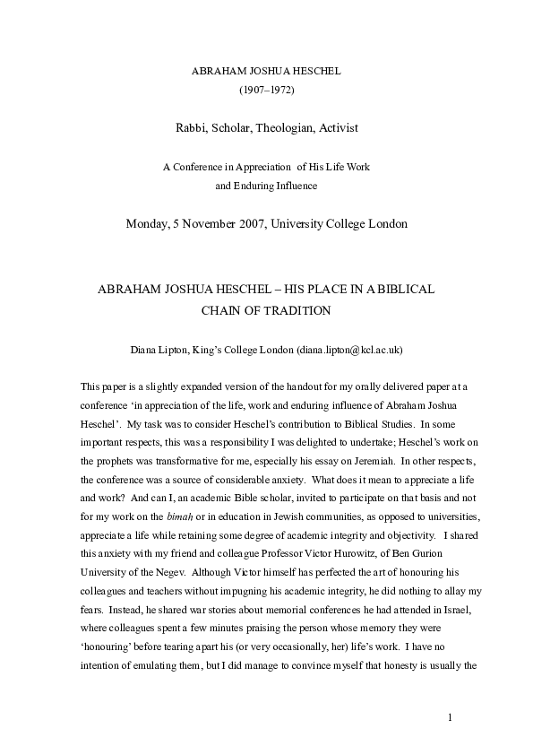 (DOC) Abraham Joshua Heschel: His Place in a Biblical Chain of Tradition