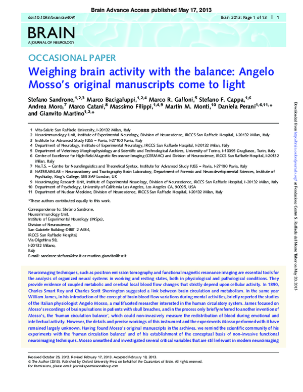 (PDF) Weighing brain activity with the balance: Angelo Mosso's original ...