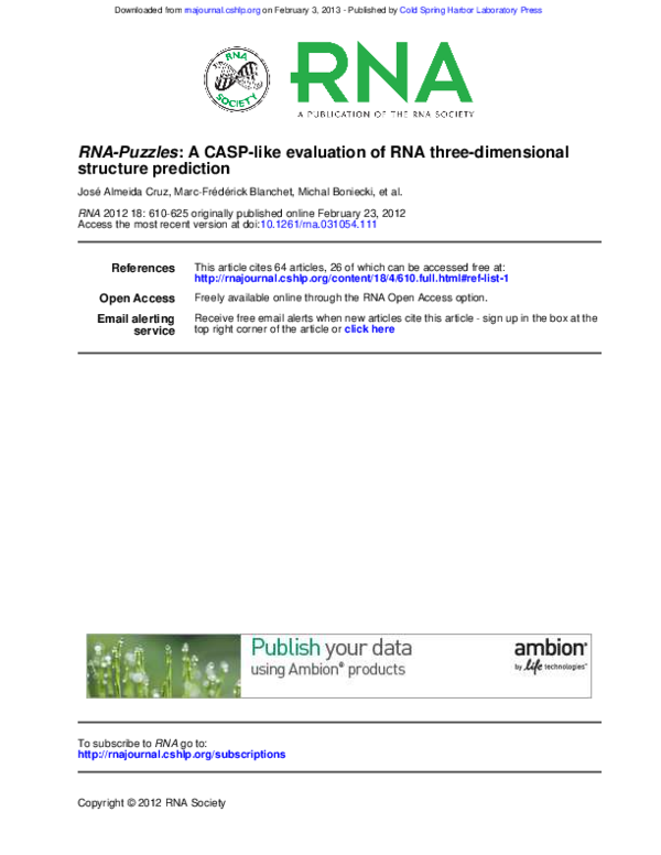 Pdf Rna Puzzles A Casp Like Evaluation Of Rna Three Dimensional Structure Prediction