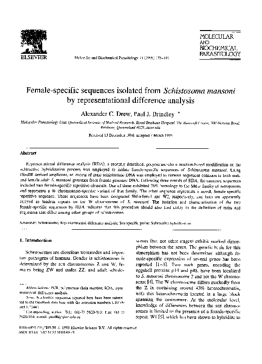 (PDF) Female-specific sequences isolated from Schistosoma mansoni by representational difference ...