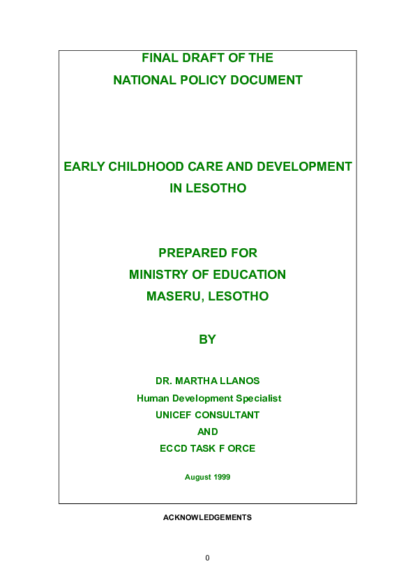 (DOC) Early childhood care and development: final draft of the national ...