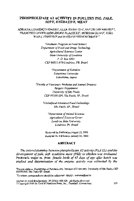 (PDF) PHOSPHOLIPASE A2 ACTIVITY IN POULTRY PSE, PALE, SOFT, EXUDATIVE, MEAT