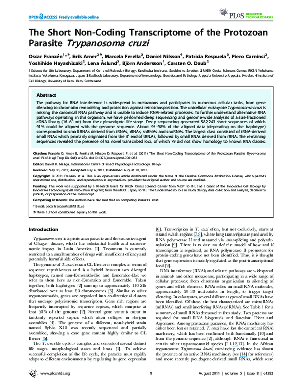 (PDF) The Short Non-Coding Transcriptome of the Protozoan Parasite Trypanosoma cruzi