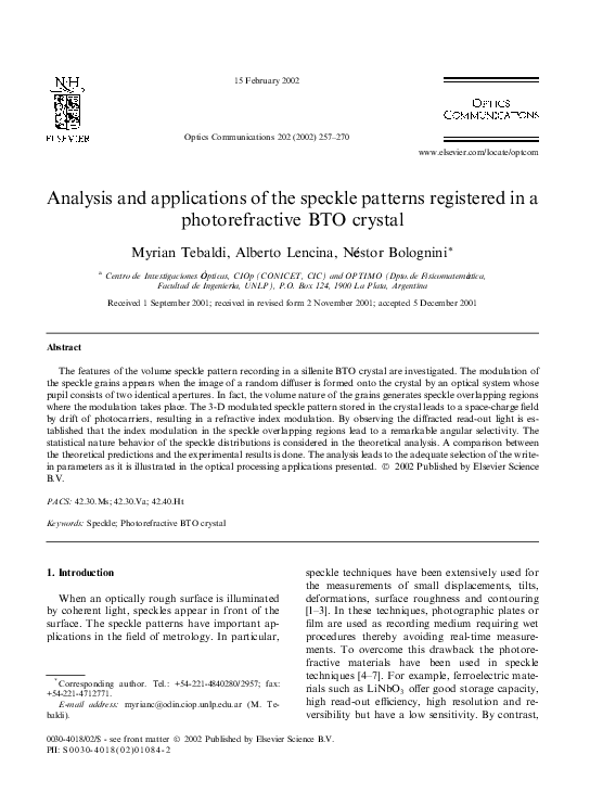 (PDF) Analysis and applications of the speckle patterns registered in a photorefractive BTO crystal