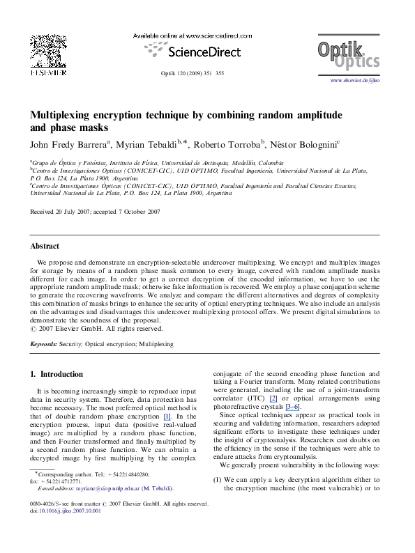 Pdf Multiplexing Encryption Technique By Combining Random Amplitude And Phase Masks