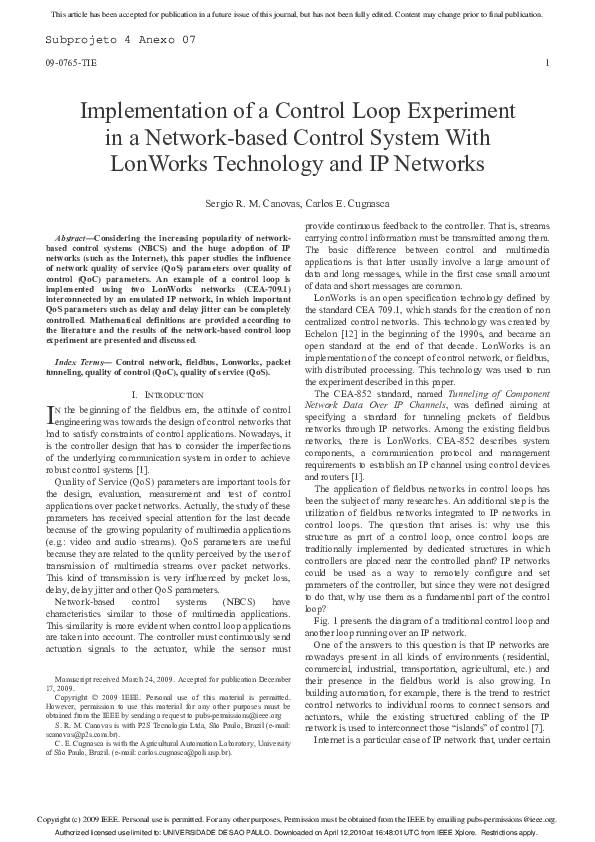 Pdf Implementation Of A Control Loop Experiment In A Network Based