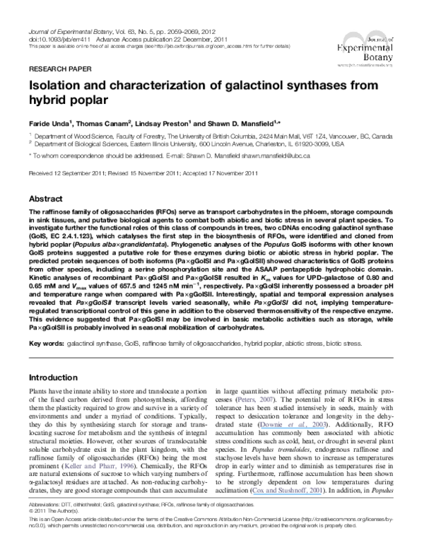 (PDF) Isolation and characterization of galactinol synthases from hybrid poplar