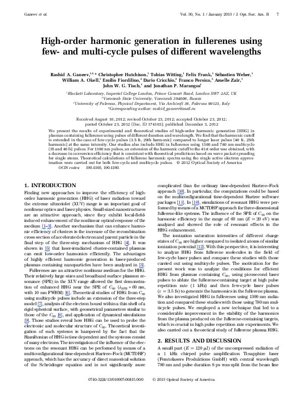 (PDF) High-order harmonic generation in fullerenes using few- and multi-cycle pulses of ...