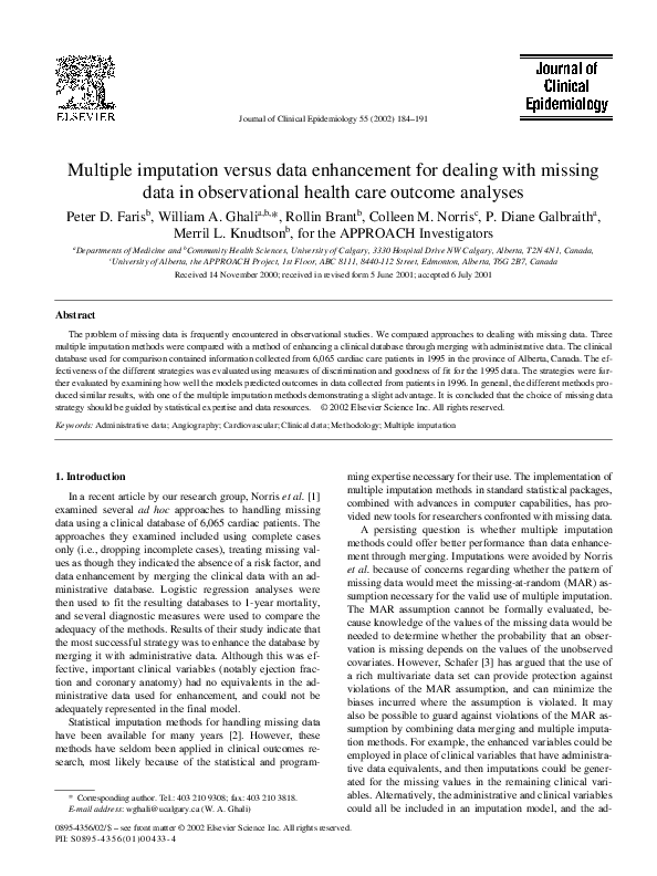 Pdf Multiple Imputation Versus Data Enhancement For Dealing With Missing Data In Observational