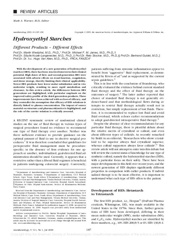 (PDF) Hydroxyethyl Starches: Different Products – Different Effects