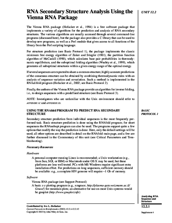 (PDF) RNA secondary structure analysis using the Vienna RNA package
