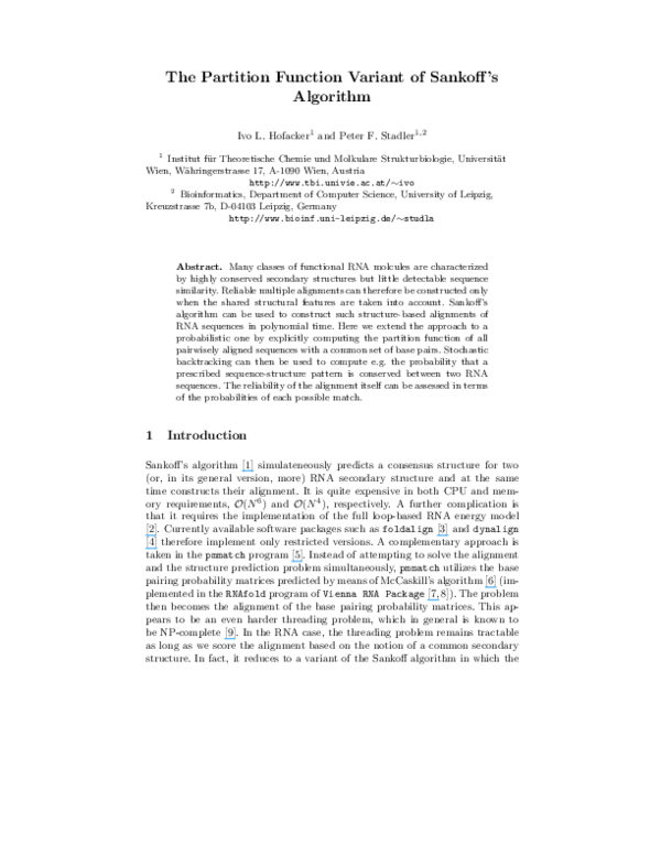 Pdf The Partition Function Variant Of Sankoff S Algorithm Ivo L Hofacker