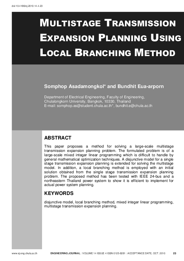 (PDF) MULTISTAGE TRANSMISSION EXPANSION PLANNING USING LOCAL BRANCHING METHOD