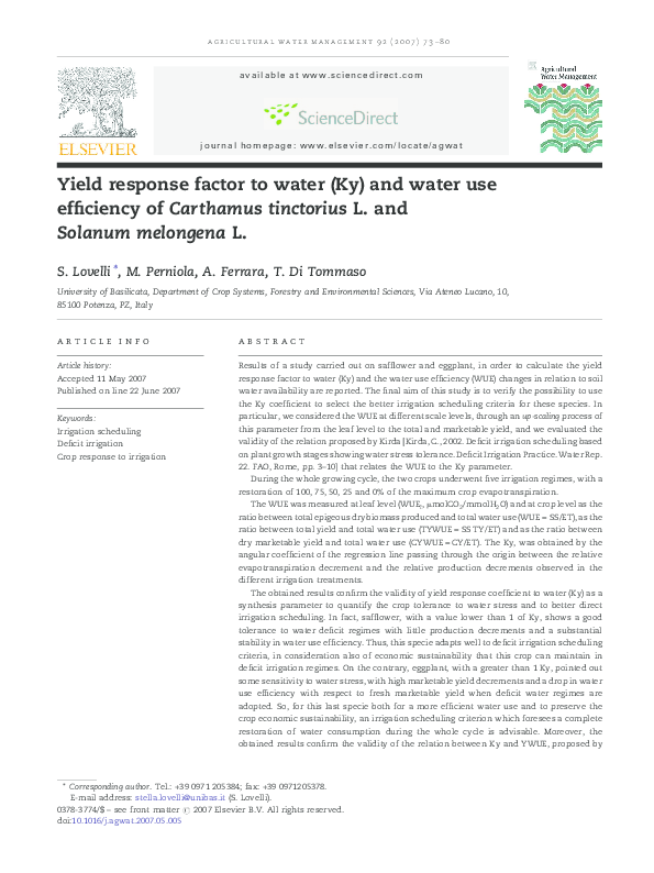 (PDF) Yield response factor to water (Ky) and water use efficiency of ...