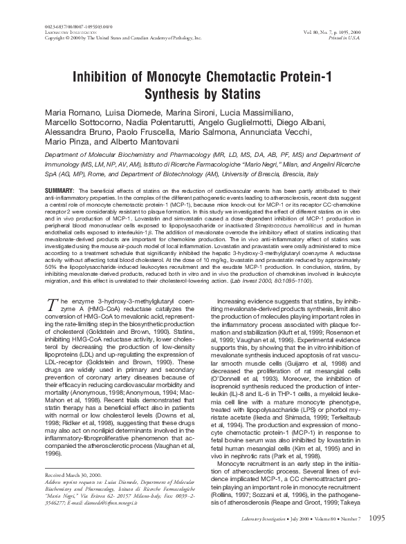 (PDF) Inhibition of Monocyte Chemotactic Protein-1 Synthesis by Statins