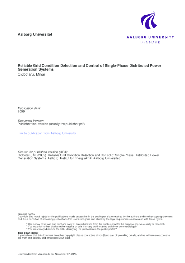 Pdf Reliable Grid Condition Detection And Control Of Single Phase Distributed Power Generation