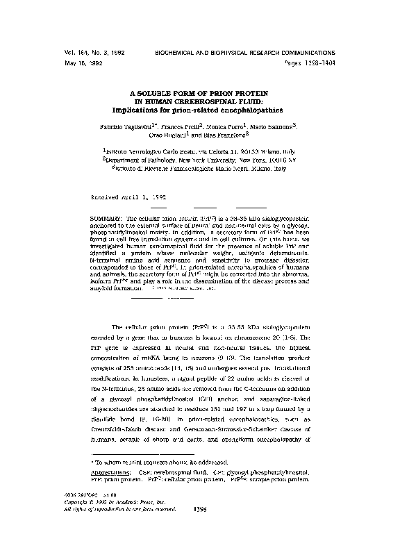 (PDF) A soluble form of prion protein in human cerebrospinal fluid ...