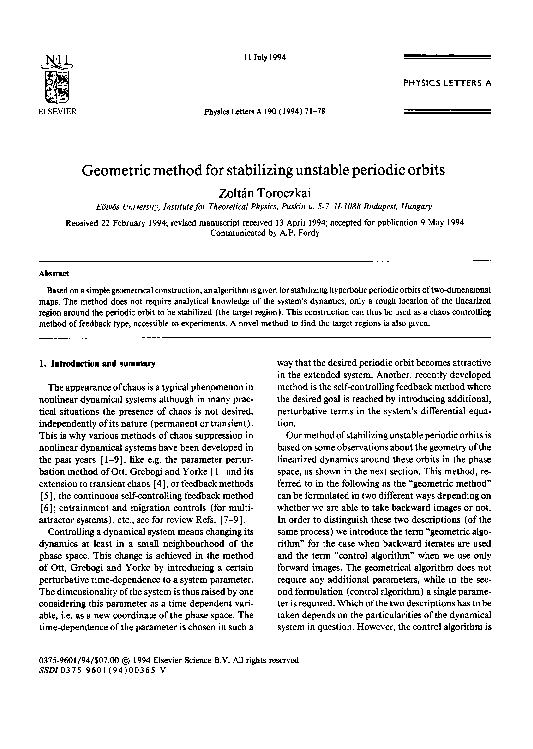 (PDF) Geometric method for stabilizing unstable periodic orbits