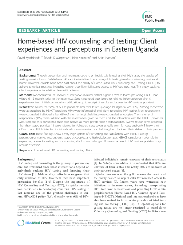 (PDF) Home-based HIV counseling and testing: Client experiences and ...