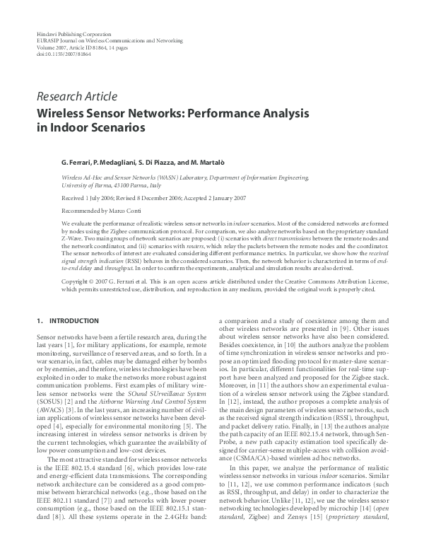 (PDF) Wireless Sensor Networks: Performance Analysis in Indoor Scenarios