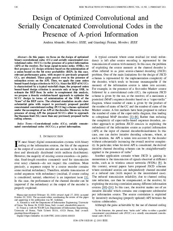 Pdf Design Of Optimized Convolutional And Serially Concatenated Convolutional Codes In The