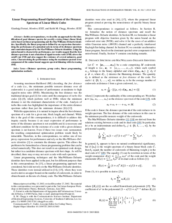 Pdf Linear Programming Based Optimization Of The Distance Spectrum Of Linear Block Codes