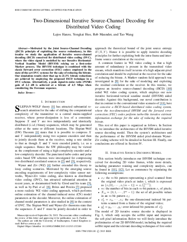 (PDF) Two-dimensional iterative source-channel decoding for distributed video coding